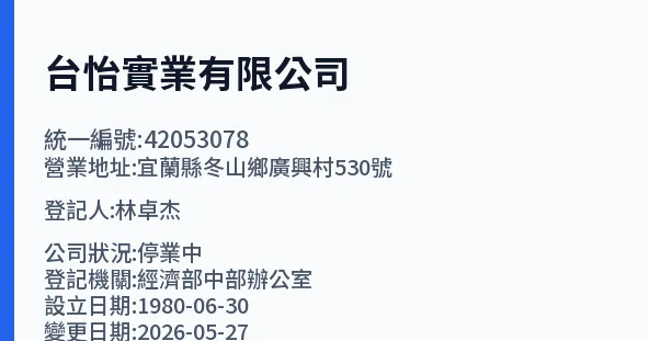 台怡實業有限公司的照片-統編 42053078(宜蘭縣) 公司登記資料與營業項目詳細圖表