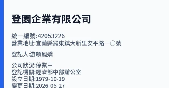 登園企業有限公司的照片-統編 42053226(宜蘭縣) 公司登記資料與營業項目詳細圖表