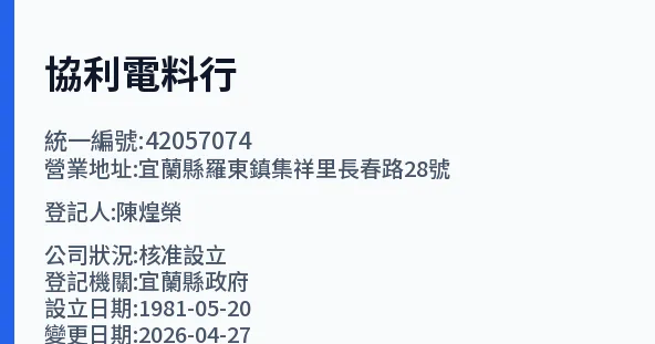協利電料行的照片-統編 42057074(宜蘭縣) 公司登記資料與營業項目詳細圖表