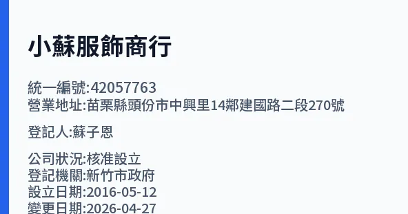 小蘇服飾商行的照片-統編 42057763(苗栗縣) 公司登記資料與營業項目詳細圖表