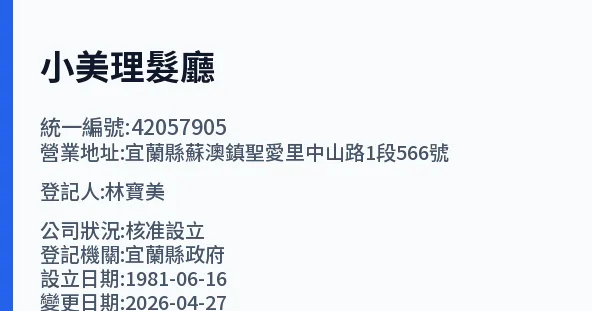 小美理髮廳的照片-統編 42057905(宜蘭縣) 公司登記資料與營業項目詳細圖表