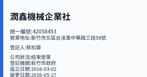 潤鑫機械企業社的照片-統編 42058453(新竹市) 公司登記資料與營業項目詳細圖表
