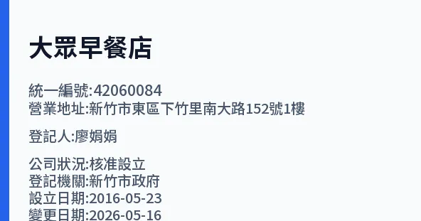 大眾早餐店的照片-統編 42060084(新竹市) 公司登記資料與營業項目詳細圖表