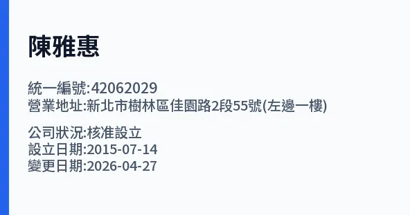 陳雅惠的照片-統編 42062029(新北市) 公司登記資料與營業項目詳細圖表