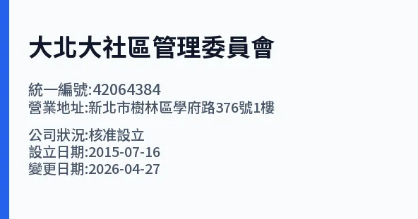 大北大社區管理委員會的照片-統編 42064384(新北市) 公司登記資料與營業項目詳細圖表