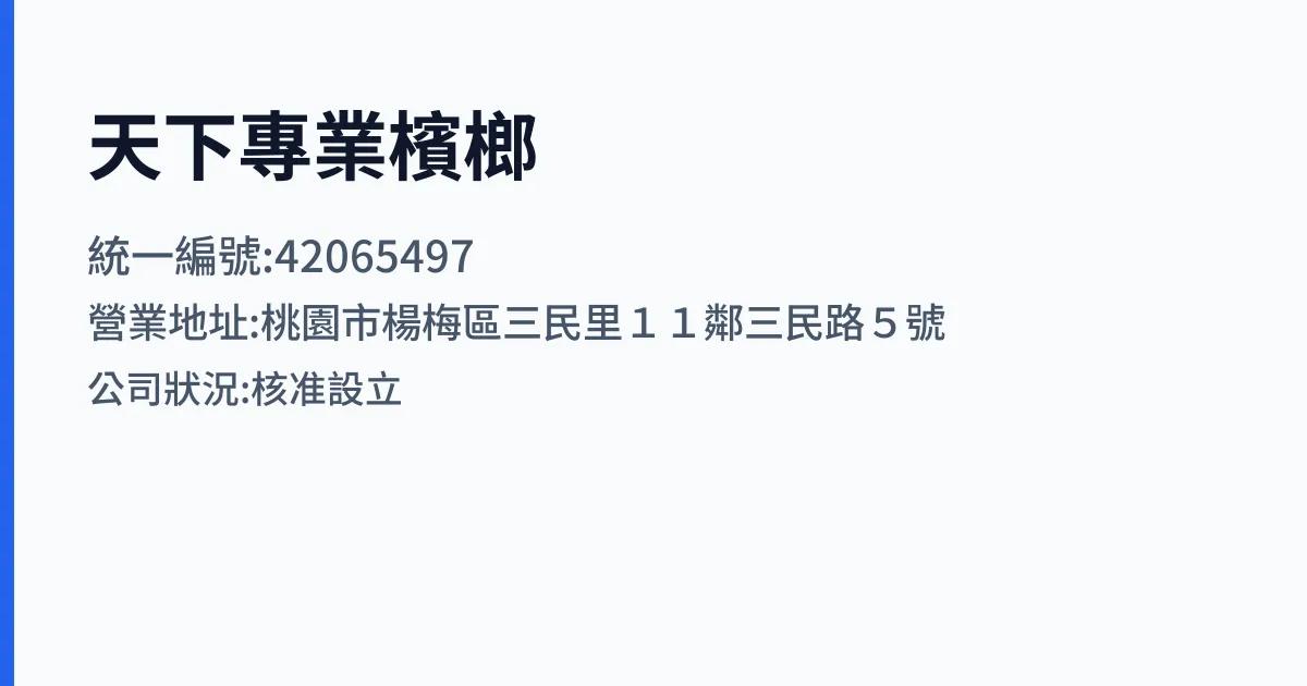 天下專業檳榔 - 統編 42065497(桃園市) 公司登記資料與營業項目詳細圖表
