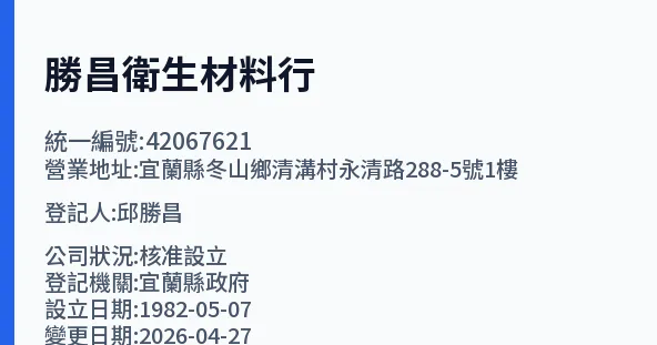 勝昌衛生材料行的照片-統編 42067621(宜蘭縣) 公司登記資料與營業項目詳細圖表