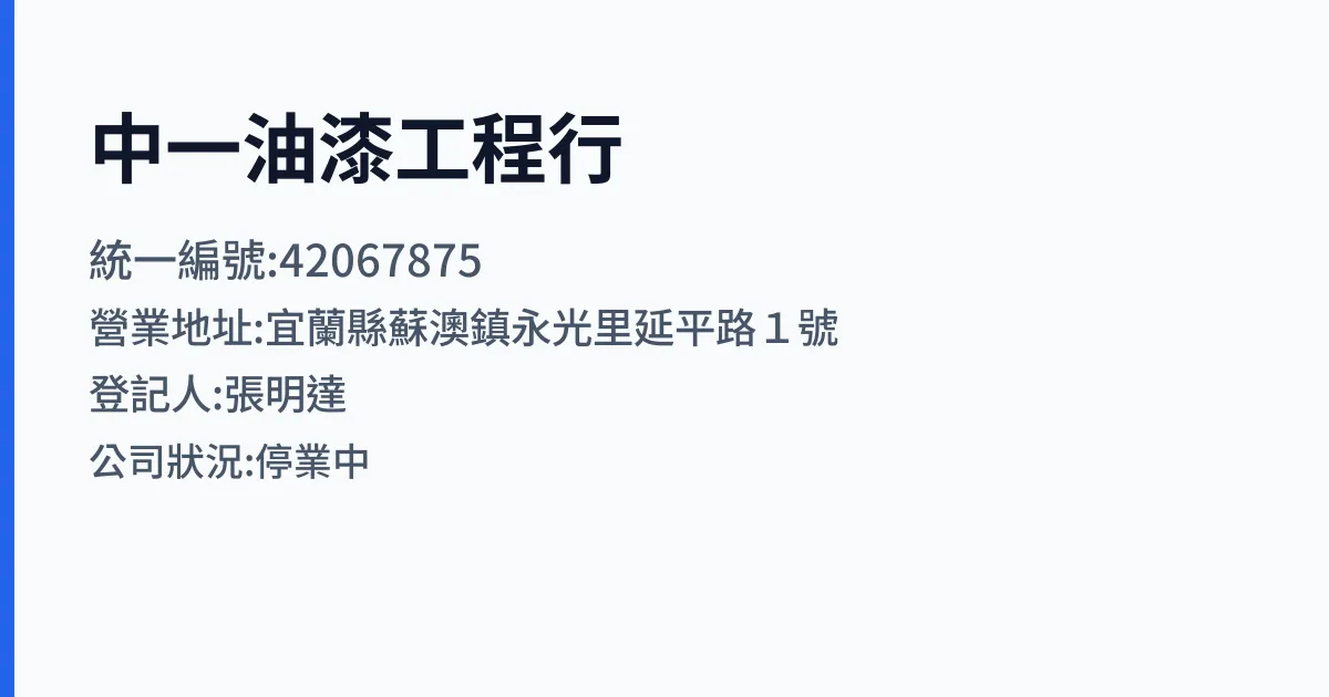中一油漆工程行 - 統編 42067875(宜蘭縣) 公司登記資料與營業項目詳細圖表