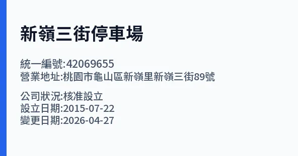 新嶺三街停車場的照片-統編 42069655(桃園市) 公司登記資料與營業項目詳細圖表