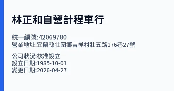 林正和自營計程車行的照片-統編 42069780(宜蘭縣) 公司登記資料與營業項目詳細圖表