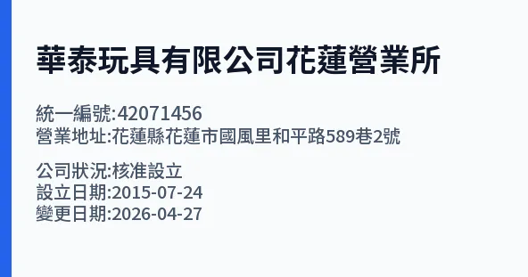 華泰玩具有限公司花蓮營業所的照片-統編 42071456(花蓮縣) 公司登記資料與營業項目詳細圖表