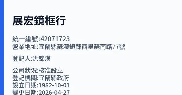 展宏鏡框行的照片-統編 42071723(宜蘭縣) 公司登記資料與營業項目詳細圖表