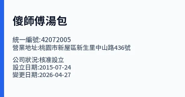 傻師傅湯包的照片-統編 42072005(桃園市) 公司登記資料與營業項目詳細圖表