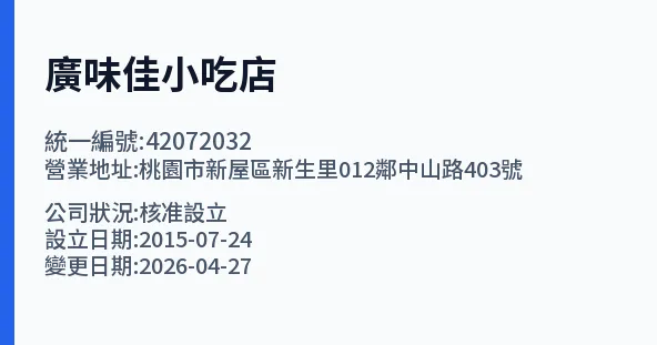 廣味佳小吃店的照片-統編 42072032(桃園市) 公司登記資料與營業項目詳細圖表
