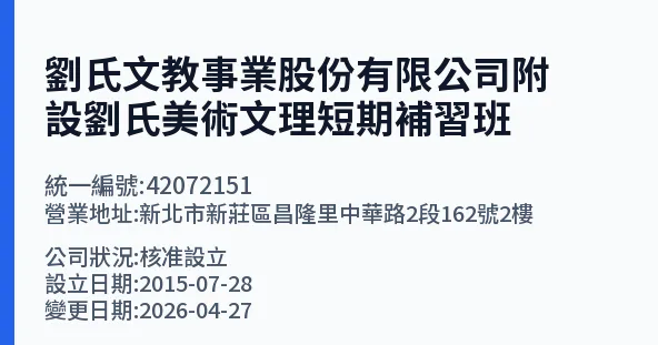 劉氏文教事業股份有限公司附設劉氏美術文理短期補習班的照片-統編 42072151(新北市) 公司登記資料與營業項目詳細圖表