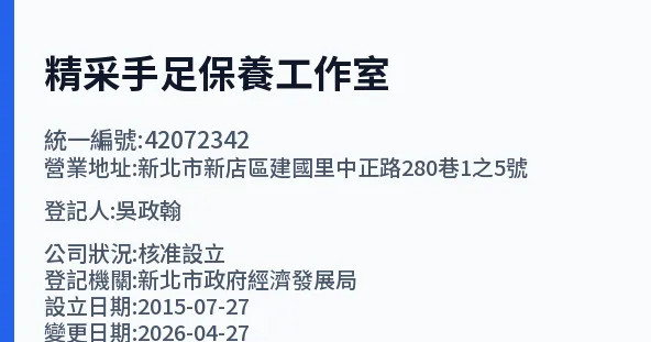 精采手足保養工作室的照片-統編 42072342(新北市) 公司登記資料與營業項目詳細圖表