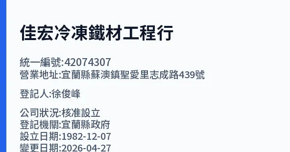 佳宏冷凍鐵材工程行的照片-統編 42074307(宜蘭縣) 公司登記資料與營業項目詳細圖表