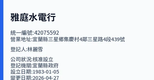 雅庭水電行的照片-統編 42075592(宜蘭縣) 公司登記資料與營業項目詳細圖表