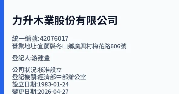 力升木業股份有限公司的照片-統編 42076017(宜蘭縣) 公司登記資料與營業項目詳細圖表