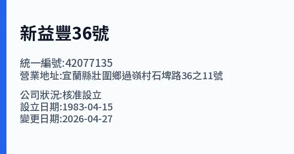 新益豐36號的照片-統編 42077135(宜蘭縣) 公司登記資料與營業項目詳細圖表