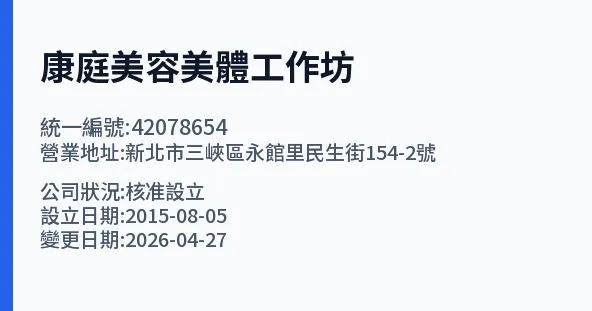 康庭美容美體工作坊的照片-統編 42078654(新北市) 公司登記資料與營業項目詳細圖表