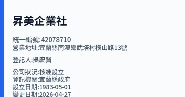 昇美企業社的照片-統編 42078710(宜蘭縣) 公司登記資料與營業項目詳細圖表