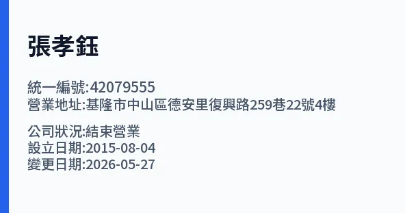 張孝鈺的照片-統編 42079555(基隆市) 公司登記資料與營業項目詳細圖表