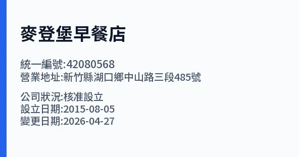 麥登堡早餐店的照片-統編 42080568(新竹縣) 公司登記資料與營業項目詳細圖表