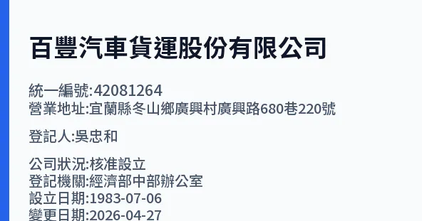 百豐汽車貨運股份有限公司的照片-統編 42081264(宜蘭縣) 公司登記資料與營業項目詳細圖表