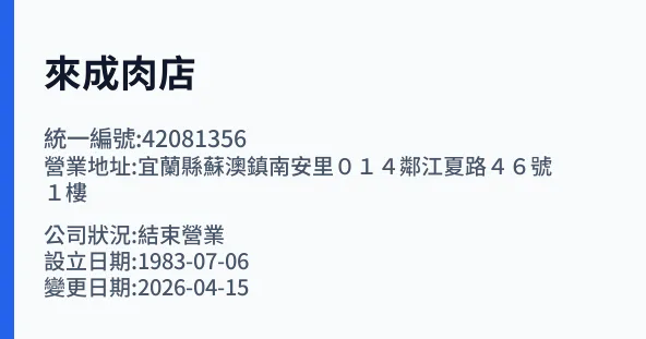 來成肉店的照片-統編 42081356(宜蘭縣) 公司登記資料與營業項目詳細圖表