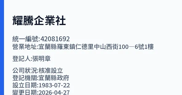 耀騰企業社的照片-統編 42081692(宜蘭縣) 公司登記資料與營業項目詳細圖表