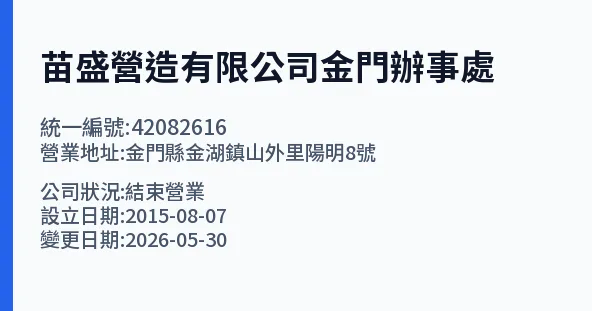 苗盛營造有限公司金門辦事處的照片-統編 42082616(金門縣) 公司登記資料與營業項目詳細圖表