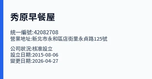 秀原早餐屋的照片-統編 42082708(新北市) 公司登記資料與營業項目詳細圖表