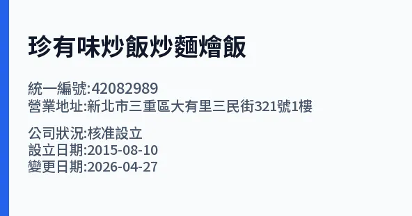 珍有味炒飯炒麵燴飯的照片-統編 42082989(新北市) 公司登記資料與營業項目詳細圖表