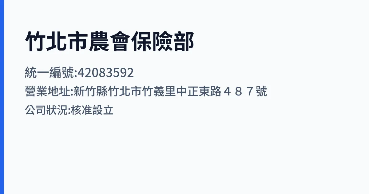 竹北市農會保險部 - 統編 42083592(新竹縣) 公司登記資料與營業項目詳細圖表