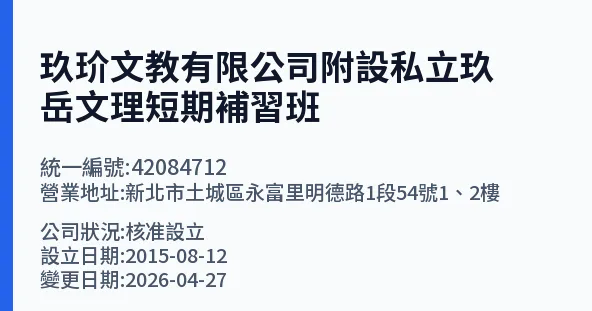玖玠文教有限公司附設私立玖岳文理短期補習班的照片-統編 42084712(新北市) 公司登記資料與營業項目詳細圖表