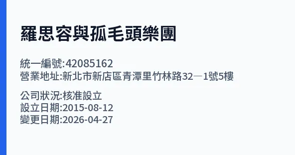 羅思容與孤毛頭樂團的照片-統編 42085162(新北市) 公司登記資料與營業項目詳細圖表