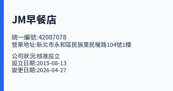 JM早餐店的照片-統編 42087078(新北市) 公司登記資料與營業項目詳細圖表