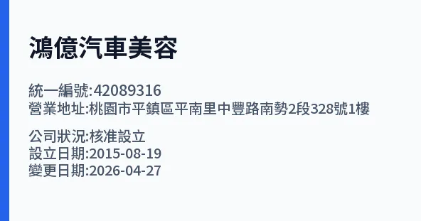 鴻億汽車美容的照片-統編 42089316(桃園市) 公司登記資料與營業項目詳細圖表