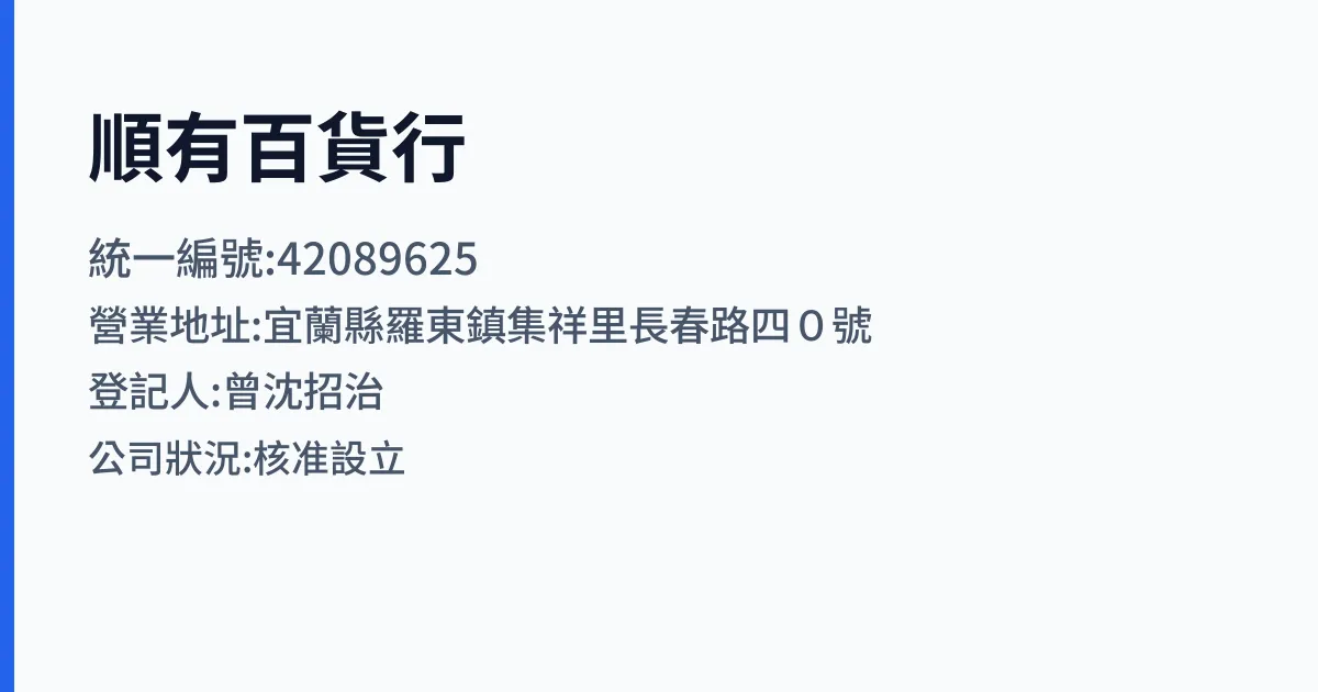 順有百貨行 - 統編 42089625(宜蘭縣) 公司登記資料與營業項目詳細圖表