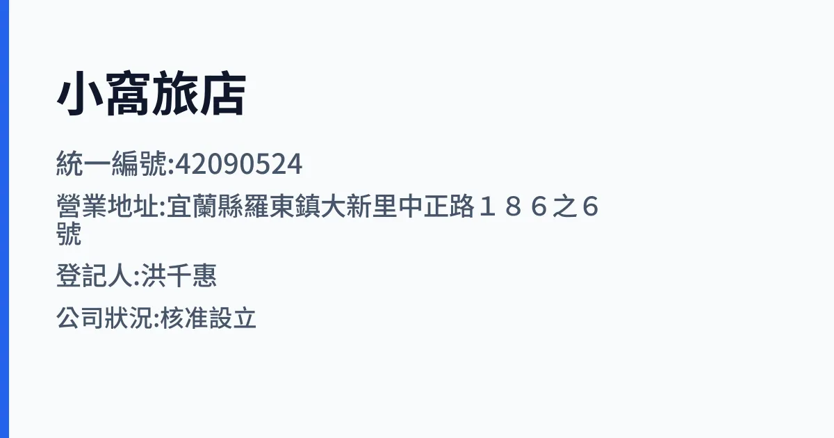 小窩旅店 - 統編 42090524(宜蘭縣) 公司登記資料與營業項目詳細圖表