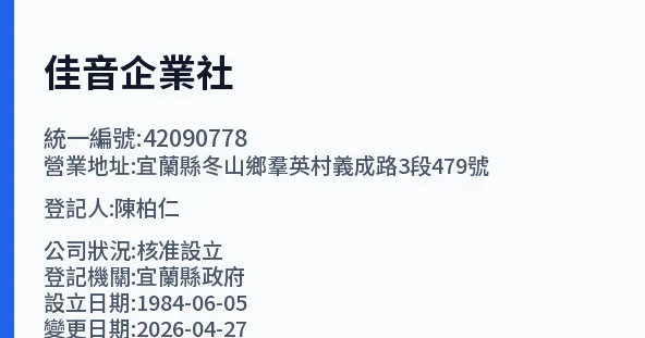 佳音企業社的照片-統編 42090778(宜蘭縣) 公司登記資料與營業項目詳細圖表