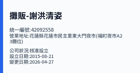 攤販-謝洪清姿的照片-統編 42092558(花蓮縣) 公司登記資料與營業項目詳細圖表