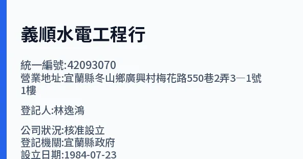 義順水電工程行的照片-統編 42093070(宜蘭縣) 公司登記資料與營業項目詳細圖表