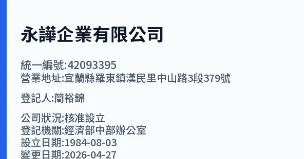 永譁企業有限公司的照片-統編 42093395(宜蘭縣) 公司登記資料與營業項目詳細圖表