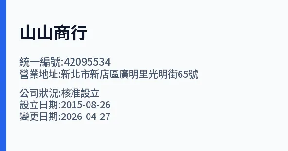 山山商行的照片-統編 42095534(新北市) 公司登記資料與營業項目詳細圖表
