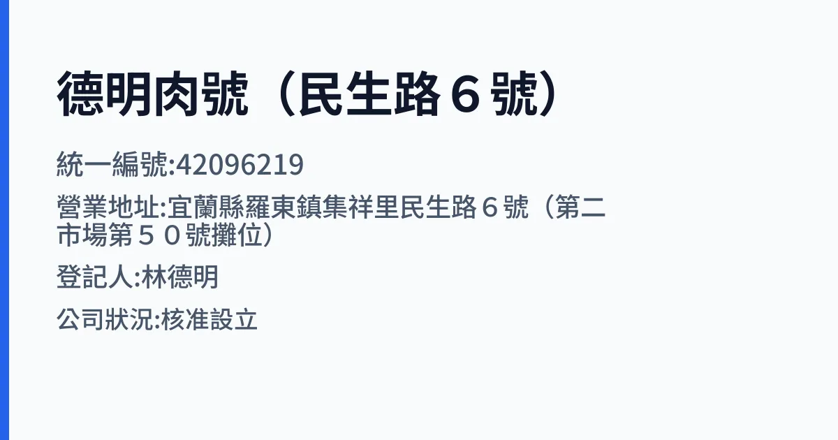 德明肉號(民生路6號) - 統編 42096219(宜蘭縣) 公司登記資料與營業項目詳細圖表