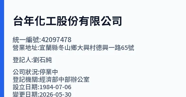台年化工股份有限公司的照片-統編 42097478(宜蘭縣) 公司登記資料與營業項目詳細圖表
