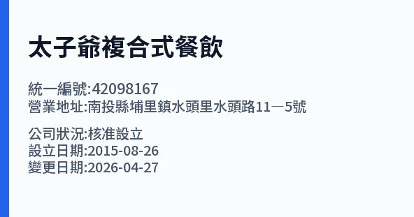 太子爺複合式餐飲的照片-統編 42098167(南投縣) 公司登記資料與營業項目詳細圖表