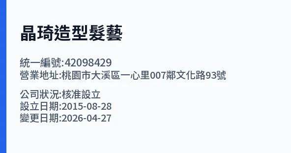 晶琦造型髮藝的照片-統編 42098429(桃園市) 公司登記資料與營業項目詳細圖表